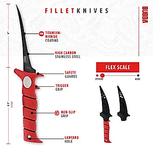 BUBBA 6 Inch Ultra Flex Tapered Fillet Knife with Non-Slip Grip Handle, 8Cr13MoV Stainless Steel Blade, Lanyard Hole and Synthetic Sheath for Fishing