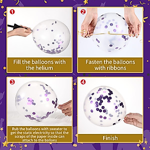 60 Pieces Balloons Kit 12 Inch Confetti Balloons with 2 rolls Ribbon Latex Balloon Party Favor Metallic Balloons for Birthdays Baby Shower Wedding Graduation Decorations (Black, Purple, White)