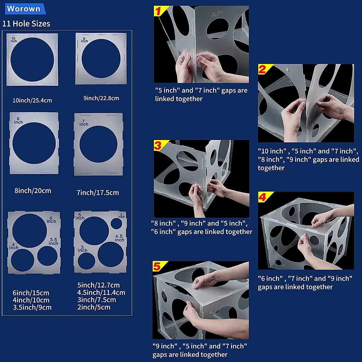 Worown 11 Holes Collapsible Plastic Balloon Sizer Box Cube, Balloon Size Measurement Tool for Balloon Decorations, Balloon Arches, Balloon Columns (2-10 Inch)