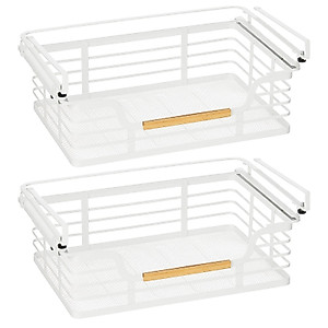 mDesign Metal Wire Wide Under Shelf Storage Baskets for Kitchen Pantry, Closet, Hanging Pull Out Shelving Bin, Sliding Hanger Rack for Bread, Canned Goods, Food, 2 Pack, Matte White/Natural