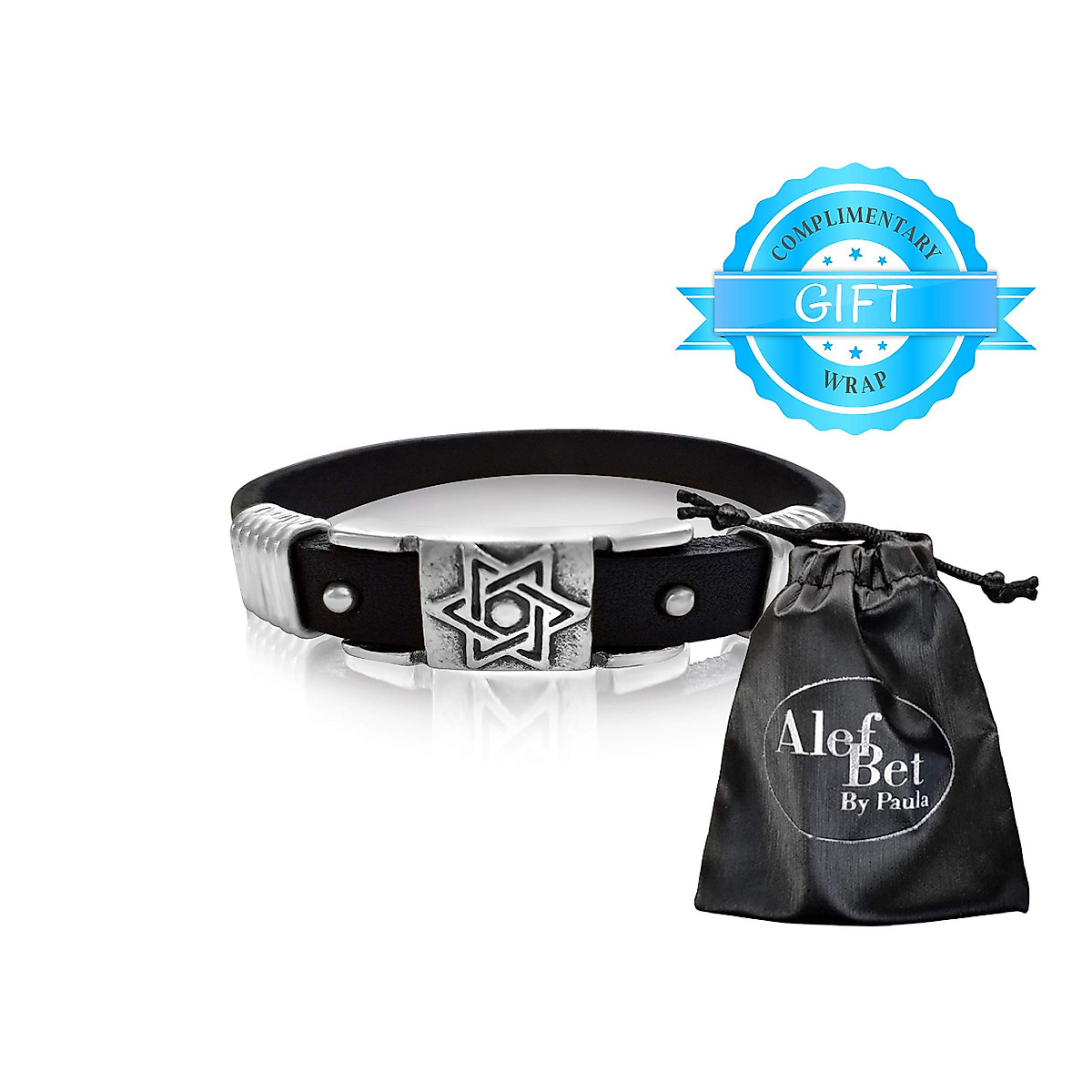Jewish Star of David Black Men's Leather Bracelet Bar Mitzvah Gift