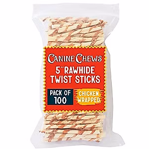 Canine Chews Chicken-Wrapped Rawhide Twists for Dogs - Pack of 100 U.S.A. Sourced Chicken Wrapped Rawhide Dog Treats, Sticks for Dogs - Premium & Natural Beefhide Chews