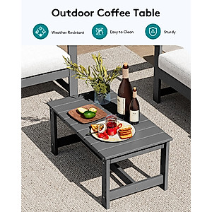 SERWALL 4 Pieces Outdoor Conversation Sofa Set with Cushions, HDPE Outdoor Couch Loveseat Furniture with Side Table All Weather Use for Patio, Balcony, Deck, Poolside, Grey Frame with Khaki Cushions