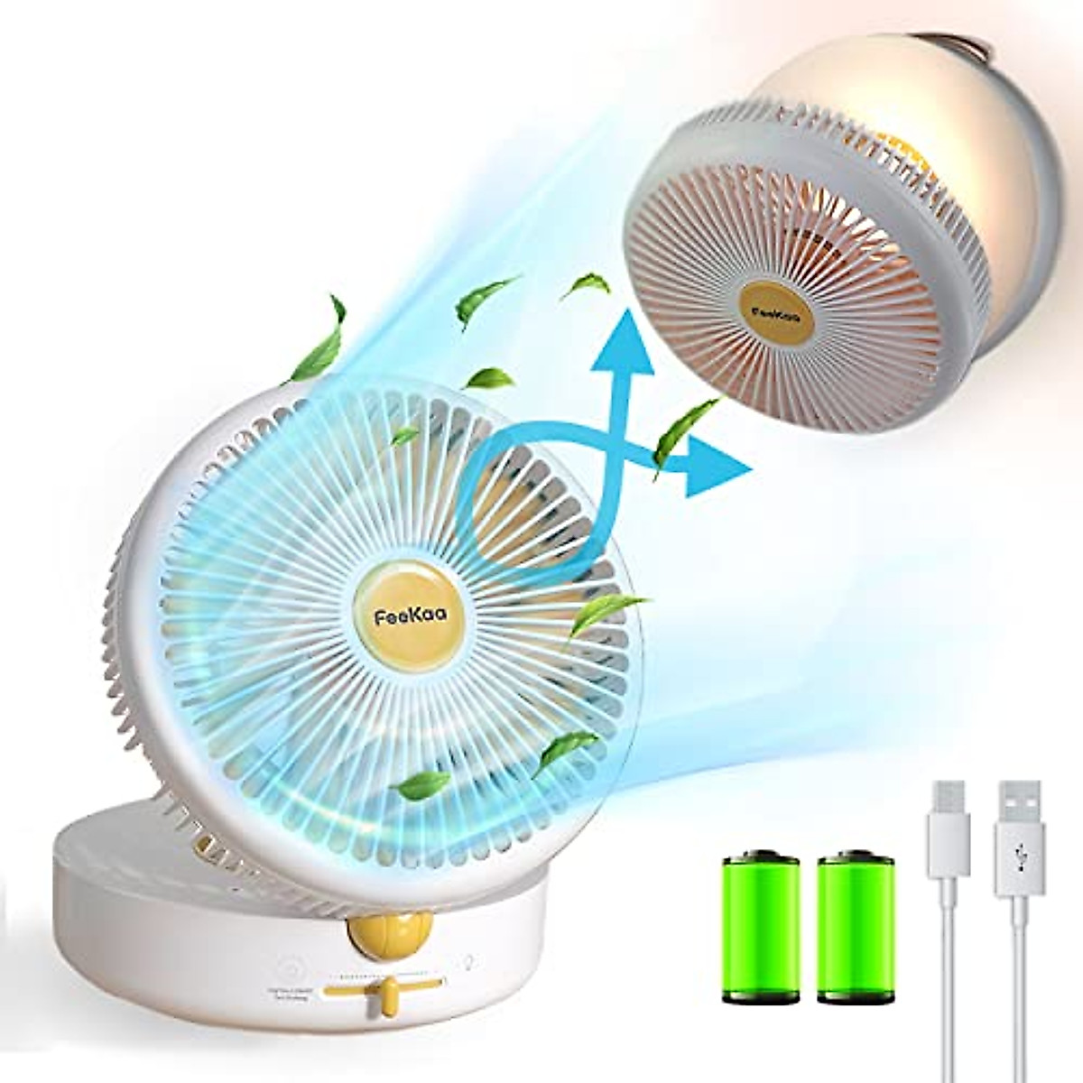 feekaa USB Fan, 8-Inch Oscillating Desk Fan, Small Wall Mounted Fan with Night Light, Rechargeable Battery Operated, Variable Speed, Quiet Fan for Outdoor/Travel/Camping/Office