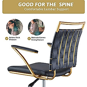 CAROCC Modern Leather Desk Chiar Gold and Black Office Chair Cute Desk Chiar Mid Back Conference Chairs with Wheels and Arms Comfortable Computer Swivel Task Chair(Black)