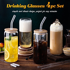 Porkus Glass Cups with Lids and Straws 4pcs Set, 20oz Glass Cups, Glass Coffee Cups, Iced Coffee Cup, Cute Tumbler Cup