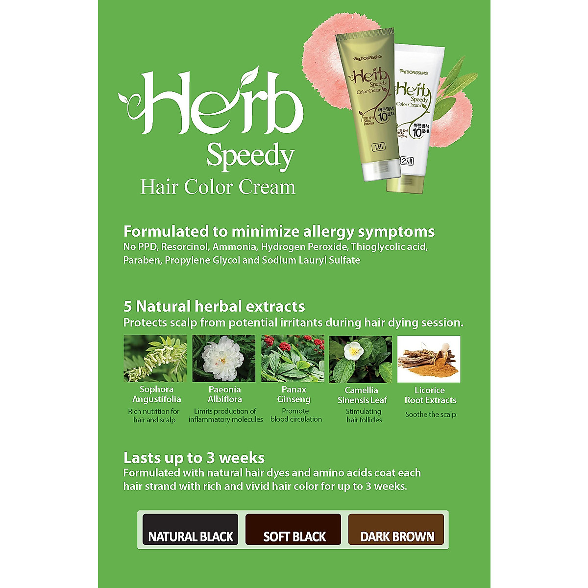 DONGSUNG Herb Speedy Color Cream (Natural Black, 1 Pack), PPD-Free Ammonia-Free Vegan Hair Dye with Sun Protection, Odorless, Gentle for Sensitive Scalp, No Eye or Scalp Irritation