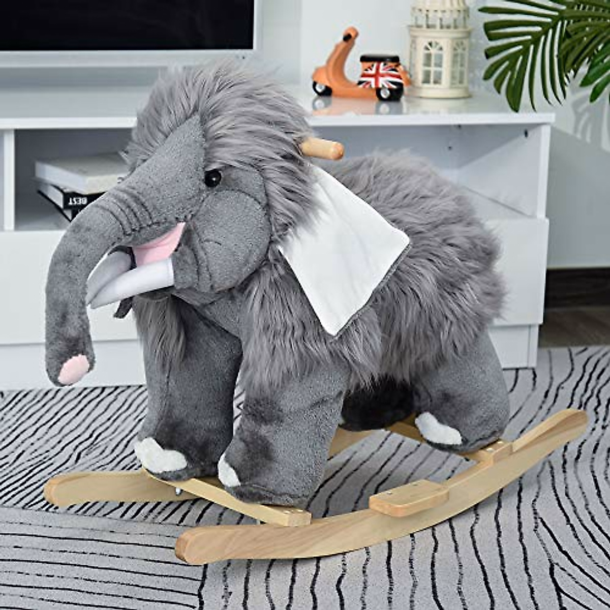 Qaba Kids Ride-On Rocking Horse Toy Mammoth Style Rocker with Fun Music & Soft Plush Fabric for Children 18-36 Months