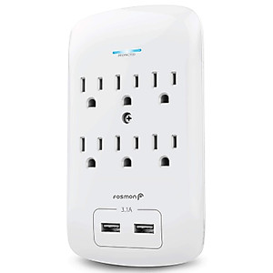 Fosmon 6 Outlet Surge Protector 1200 Joules with 2 USB Ports Charger (3.1A), Multi Plug Outlet Extender 1875 Watt, 3-Prong Grounded Wall Tap Adapter