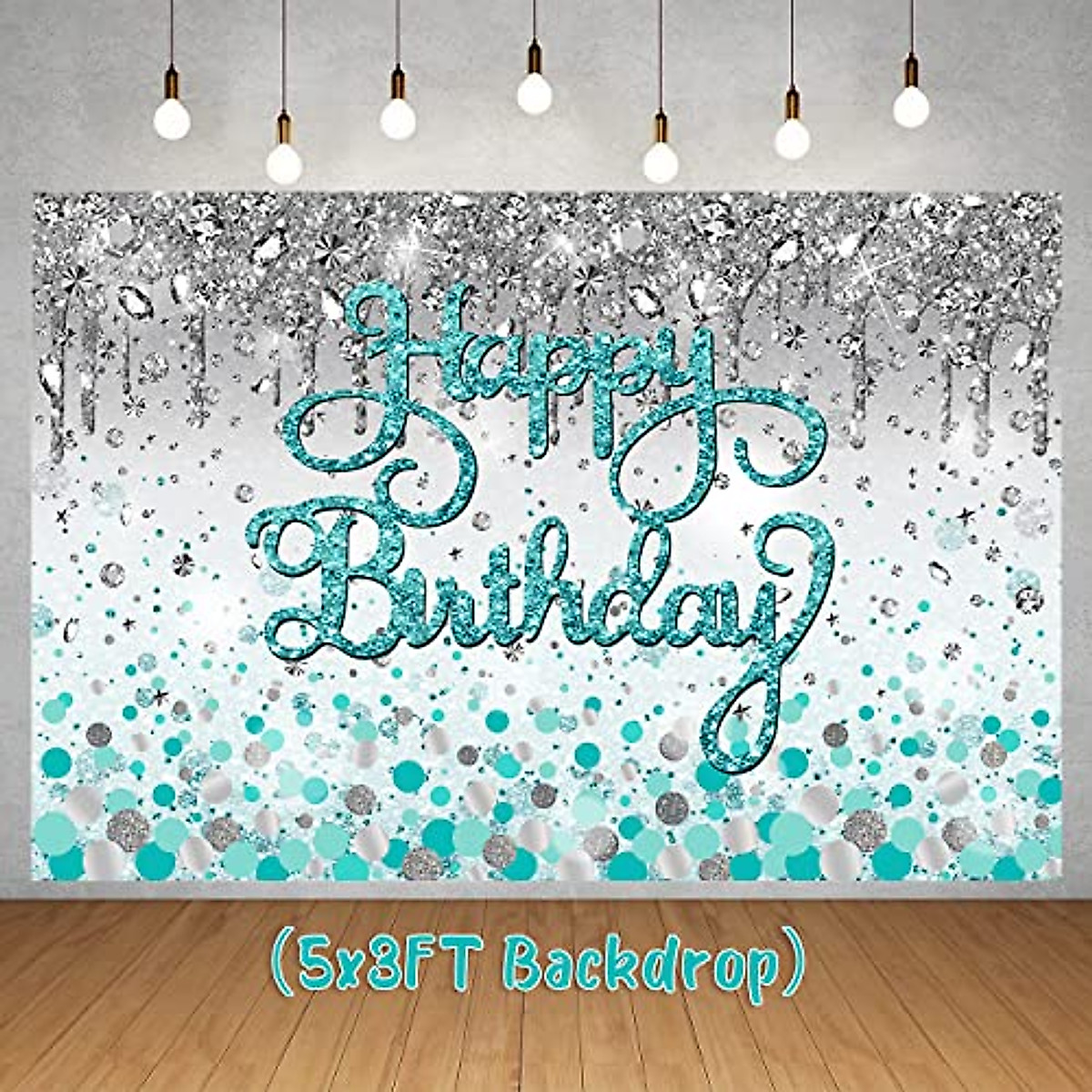 Happy Birthday Decorations Teal Balloon Garland for Girls Birthday Teal and silver Glitter Backdrop Teal Blue Balloons Garland Kit and Teal Dot Disposable Tablecloth