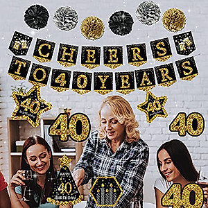 40th birthday decorations for men - (21pack) cheers to 40 years black gold glitter banner for women, 6 paper Poms, 6 Hanging Swirl, 7 decorations stickers. 40 Years Old Party Supplies gifts for men