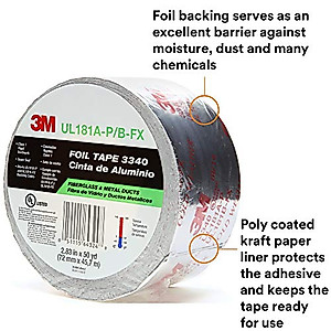 3M Aluminum Foil Tape 3340, 2.5" x 50 yd, 4.0 mil, Silver, HVAC, Sealing and Patching Hot and Cold Air Ducts, Fiberglass Duct Board, Insulation, Metal Repair