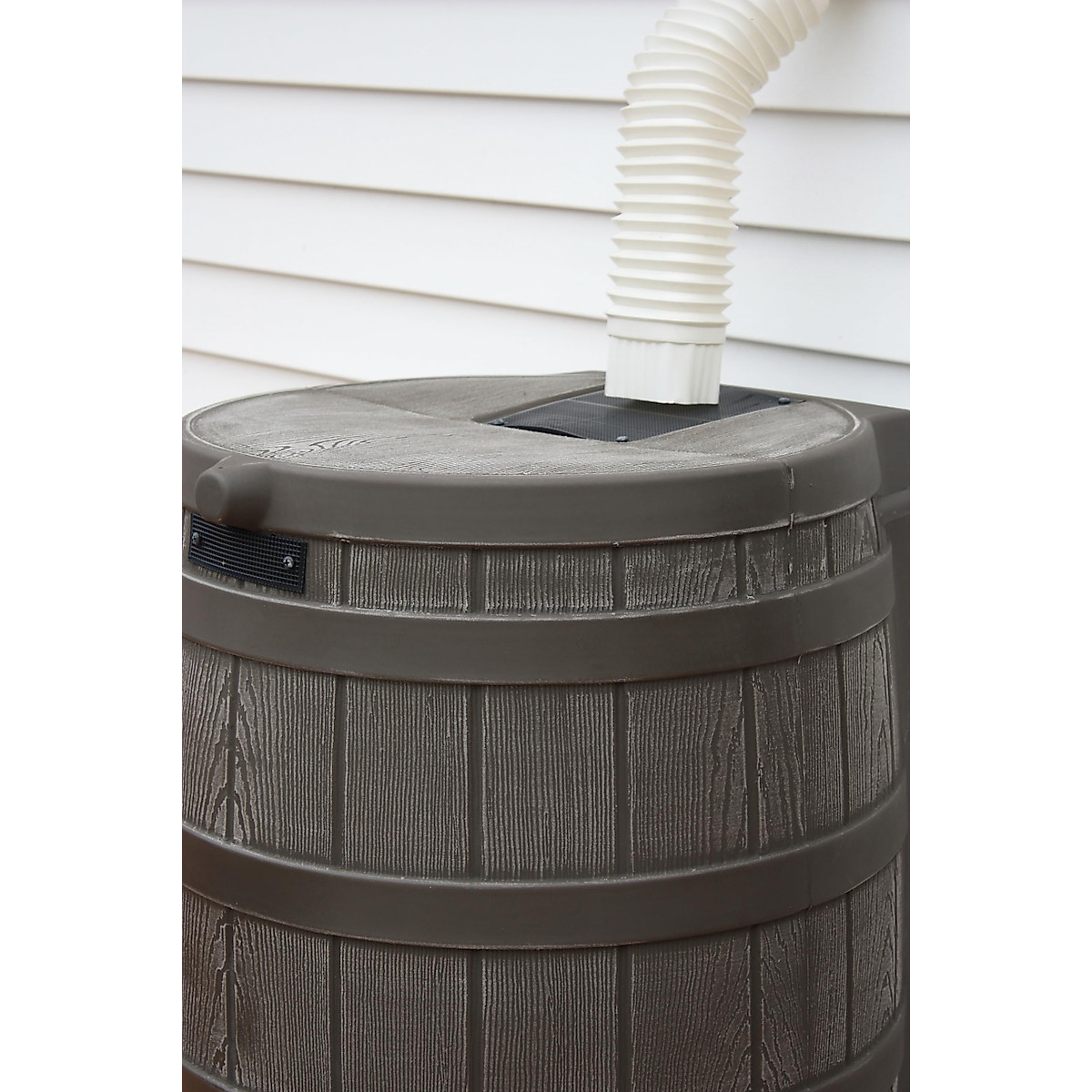 Good Ideas Rain Wizard 50 Gallon Plastic Rain Barrel for Outdoor Rainwater Collection and Storage Features a Metal Spigot and Flat Back Design, Oak