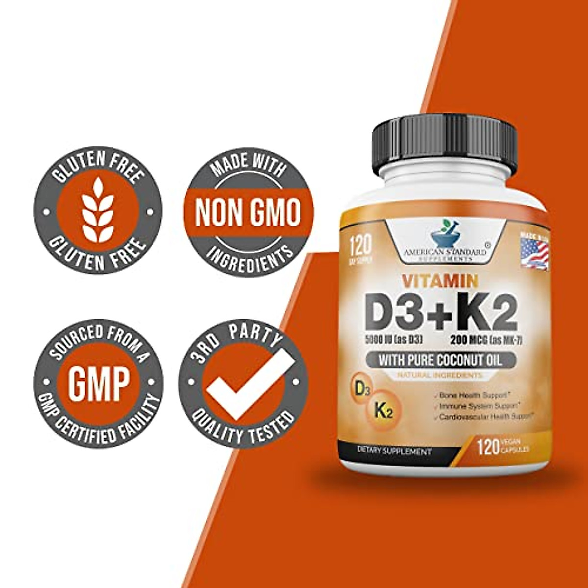 Vitamin D3 K2 (MK-7), Vitamin D3 (5000IU) + K2 (MK-7) 200mcg w/ Organic Coconut Oil, Vitamin D3 + K2, Vitamin D3 + K2, Vitamin K2 D3, Immune & Bone Health, No Fillers, Made in USA, 120 Veggie Capsule