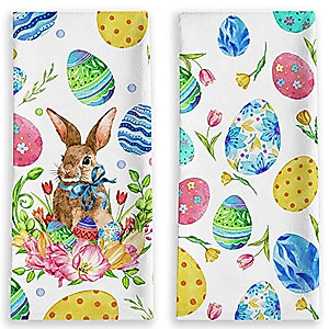 Easter Kitchen Towels Set of 2, Easter Kitchen Decor with Rabbit Bunny Flower Easter Egg, Decorative Dish Towel Dishcloths Multi-use Tea Towel, Reusable Drying Hand Towel 18x28” Home Bathroom Decor