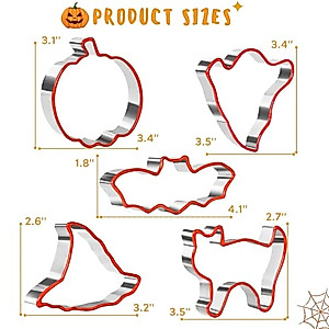 Crethinkaty Halloween Cookie Cutters Set 5 Piece Halloween Biscuit Cutters Stainless Steel with Protective Silicone Edge for Baking - Pumpkin, Bat, Ghost, Cat and Witch Hat