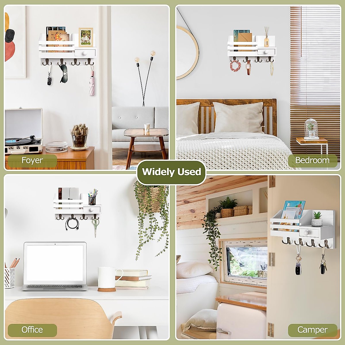 HOMEBROS Key Mail Holder for Wall, White Wooden Key Mail Organizer with Drawer Wall Mount Key Rack with Shelf Key Storage Hanger with 8 Key Hooks for Entryway Hallway 2 Installation Methods