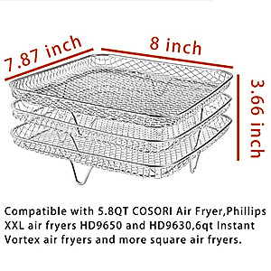 RAMLLY 8 inch Air Fryer Rack for Instant Vortex Fryer,Philips,COSORI Fryer,Square Three Stackable Racks,Stainless Steel Multi-Layer Dehydrator Rack,Air Accessories