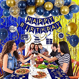 Navy Blue Gold Birthday Party Decorations for Men Women,Happy Birthday Banner Decorations Party Supplies Backdrop Confetti Balloons Tablecloth Foil Fringe Curtains Hanging Swirls Decors for Boys Girls