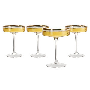 Ribbed Coupe Glasses With Gold Rim, For Martini, Champagne, Cocktails | Set of 4 | 8 oz Classic Manhattan Glasses Speakeasy Cocktail, Ripple Coupes Glasses, Art Deco Gatsby Vintage, Crystal Stemmed