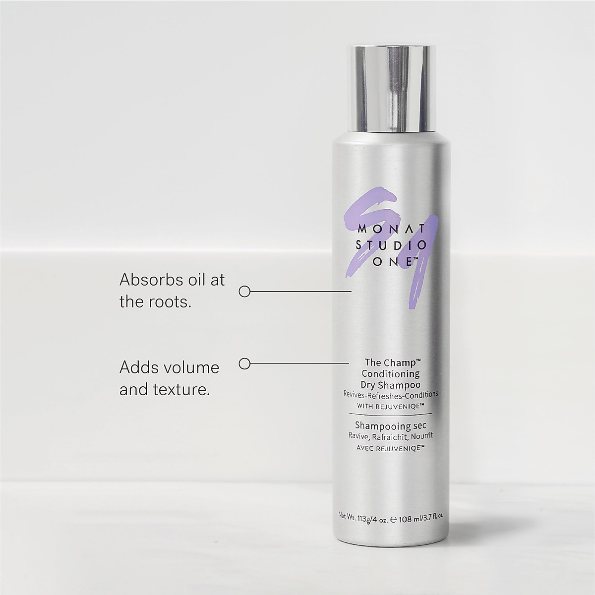 MONAT Studio One™ The Champ™ Conditioning Dry Shampoo Infused w/Rejuveniqe® - Waterless Shampoo That Absorbs Oils, Dirt & Impurities in Between Shampoos. For All Hair Types - Net wt. 113g/4 fl oz.