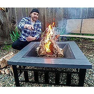 Yardom 34 inch Outdoor Fire Pits BBQ Square Firepit Table Backyard Patio Garden Stove Wood Burning Fireplace with Grill, Spark Screen Cover, Poker, Rain Cover