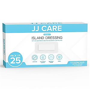 JJ CARE Adhesive Island Dressing [Pack of 25], 4” x 8” Sterile Island Wound Dressing, Breathable Bordered Gauze Dressing, Individually Wrapped Latex Free Wound Bandages with Non-Stick Central Pad