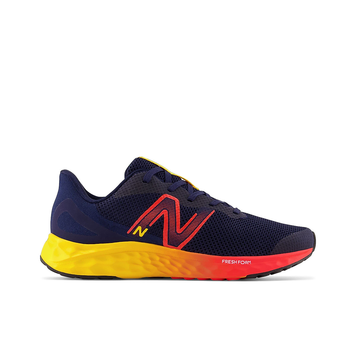 New Balance Boy's Fresh Foam Arishi V4 Hook and Loop Running Shoe, Team Navy/Electric Red/Egg Yolk, 2 Little Kid