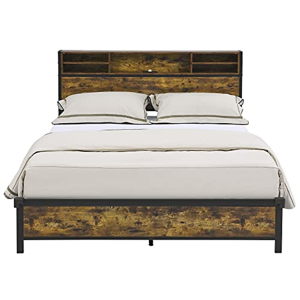 Alohappy Full Size Bed Frame with Led Bookcase Headboard and Charging Station，Metal Platform Bed Frame with RGB Light Strips, Sturdy and No Noise Easy Installation No Box Spring Needed