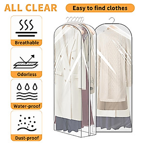 Peyorom 10" Gusseted Dress Garment Bags for Hanging Clothes, 60" All Clear Long Garment Bags for Gowns, Long Dress Bag for Closet Storage, Foldable Dress Cover, 2 Pack