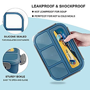 BentoMoment Bento Lunch Box, 4 Compartments Lunch Box Containers for Adults, 5 Cups Bento Box with Utensils& Fruit Fork, Cute Snack Lunch Box, Leakproof Microwave Safe Bento Boxes, Blue