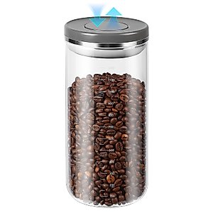 One-Press Button Coffee Canister with Airtight Lid, Borosilicate Glass Coffee Container with PP Silicone Lid, Food Storage Container for Grounds Coffee, 1lb Beans, Flour, Cereal, Sugar