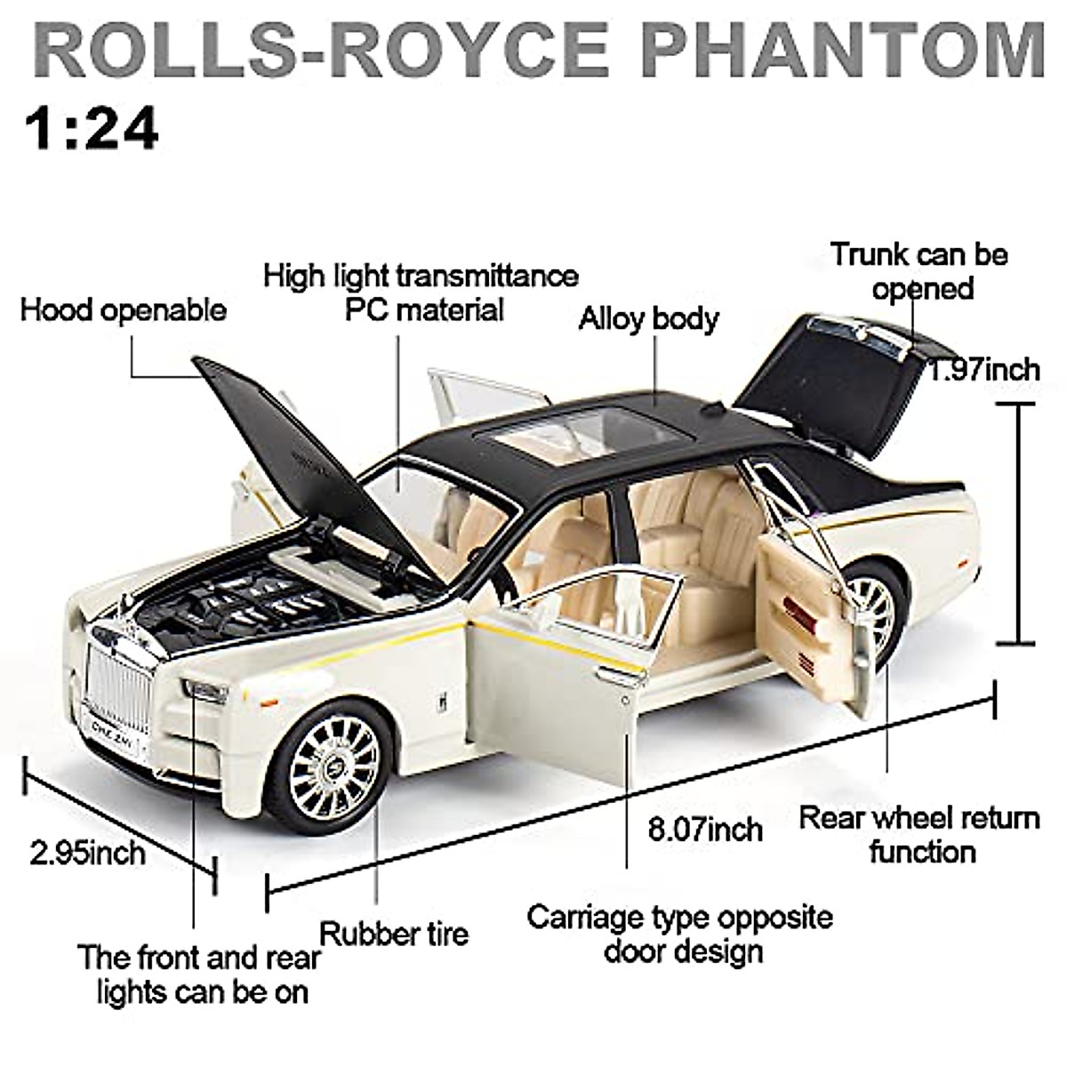 EROCK Exquisite car Model 1/24 Rolls-Royce Phantom Model Car,Zinc Alloy Pull Back Toy car with Sound and Light for Kids Boy Girl Gift. (White)