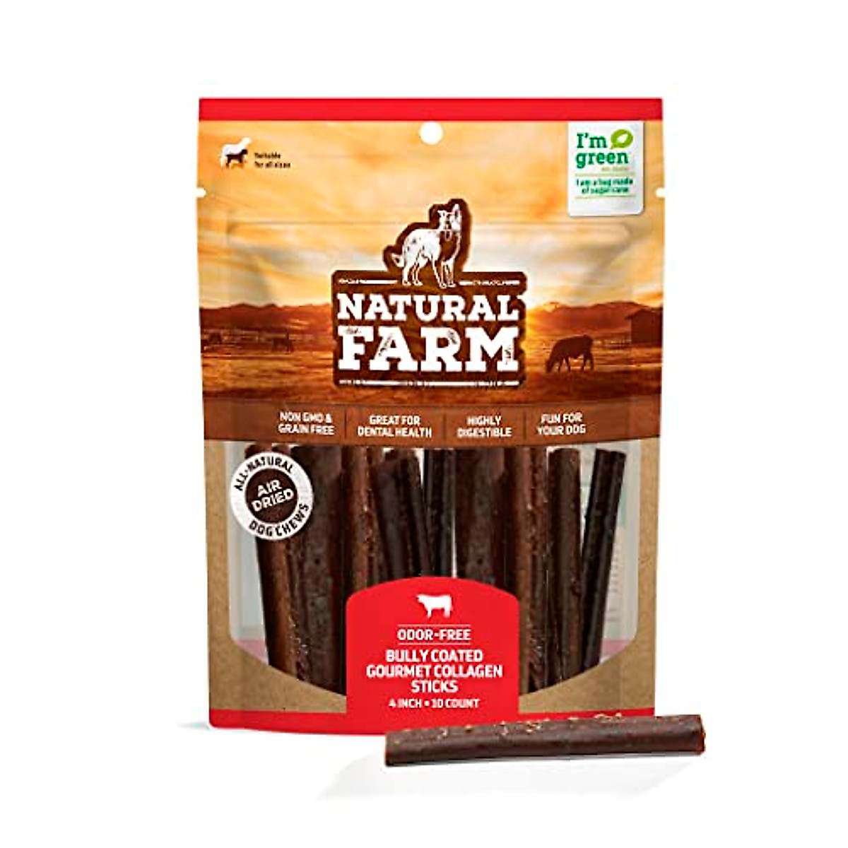 Natural Farm Bully Coated Gourmet Collagen Sticks (4 Inch, 10 Pack), Real Bully Beef Coated, 95% Natural Collagen Dog Chews, Supports Healthy Joints, Skin & Coat - Best for Small & Medium Dogs