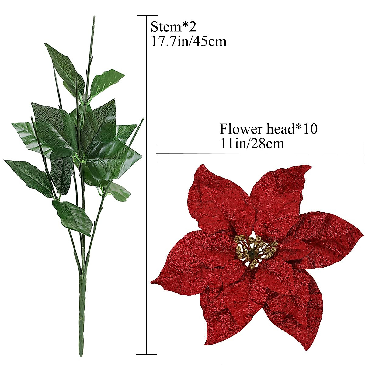 Nubry 10pcs Artificial Poinsettia Flower Heads with 2pcs Stems Fake Red Christmast Decoration Faux Flowers Bouquet for Christmas Tree Home Garden Decor (5-Red-11in)