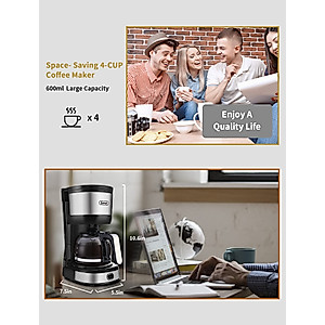 Gevi 4-Cup Coffee Maker with Auto-Shut Off, Small Drip Coffeemaker Compact Coffee Pot Brewer Machine with Cone Filter, Glass Carafe and Hot Plate, Stainless Steel Finish