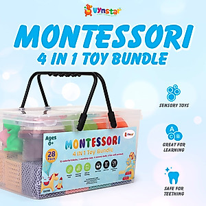 Vynstar Montessori Toys for Babies 6-12 Months & Up - 28-Piece Set of Silicone Baby Sensory Toys for Learning & Development - 4-in-1 Bundle of Baby Blocks, Stacking Cups, Sensory Balls, Soft Animals