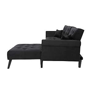 POCIYIHOME Sectional Sofa Right Hand Facing Velvet Button Tufted, L Shape Chaise with Nail Head Detail, Modern 4-Seater with Seat Cushion & Wood Leg, 2 Pillows, Couch for Living Room,Office, Black