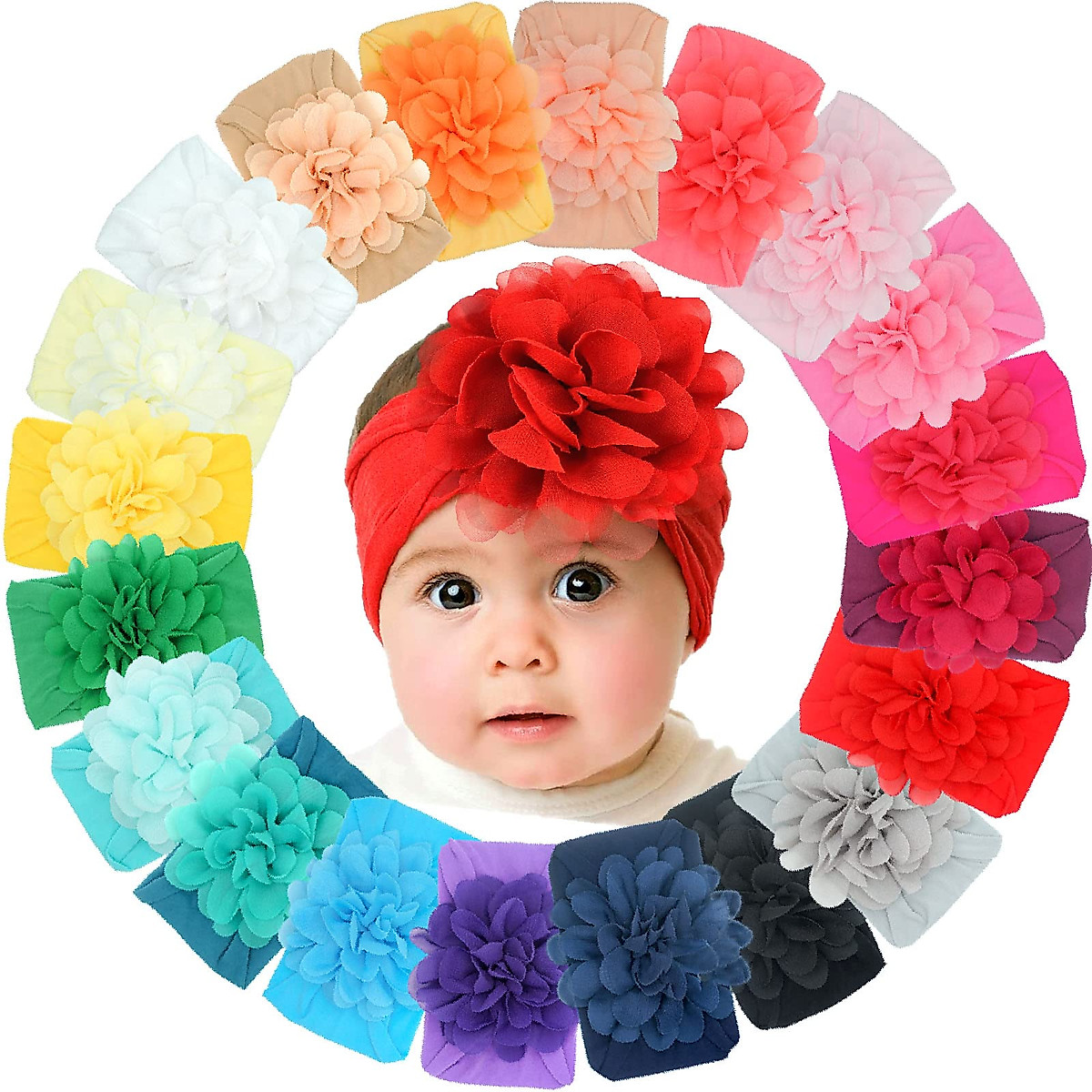 CÉLLOT 20 Colors 4 Inch Chiffon Flower Baby Girls Headbands Soft Elastic Nylon Hairbands for Newborn Infant Toddler Girls Kids