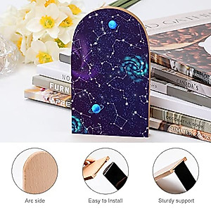 Space Zodiac Constellations Galaxies Planets Wood Book Ends for Shelves Non-Skid Bookend Book Stand Book Holder Stopper for Home Office School
