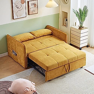 Antetek 3 in 1 Convertible Sleeper Sofa Bed, Modern Chenille Loveseat Futon Sofa Couch w/Pullout Bed, Reclining Backrest, Adjustable Arm, Pillows, Small Love Seat Lounge Sofa for Living Room, Yellow
