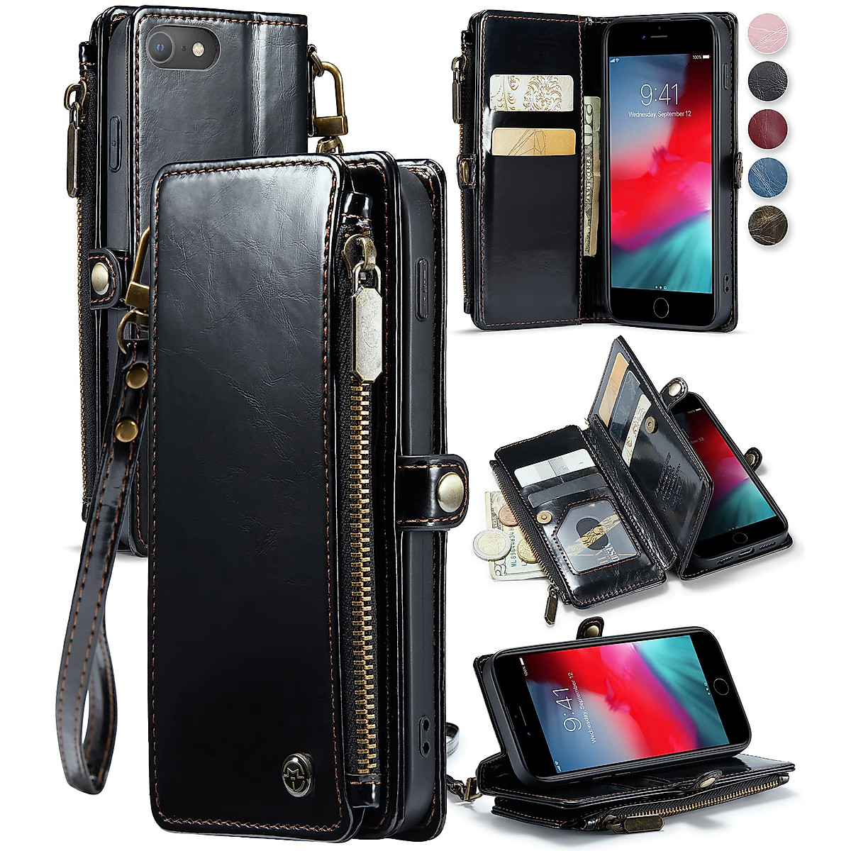 Defencase for iPhone 8/7/SE 2020/SE 2022 Wallet Case, for iPhone SE 2022 Case Wallet for Women Men, PU Leather Flip Strap Zipper Card Holder Phone Case for iPhone SE 3rd Generation 2022, Black