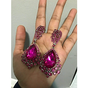 3.25" Long Hot Pink Fuchsia Dangle Pageant Rhinestone Crystal Silver Earrings