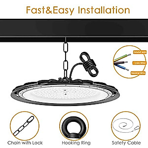 Brillirare LED UFO High Bay Light, 100W 14,000LM Daylight 5000K Shop Light Fixture, IP65 Waterproof 400W HID Equiv. with Hanging Hook&Safe Rope, Commercial Grade Lighting for Warehouse, Workshop