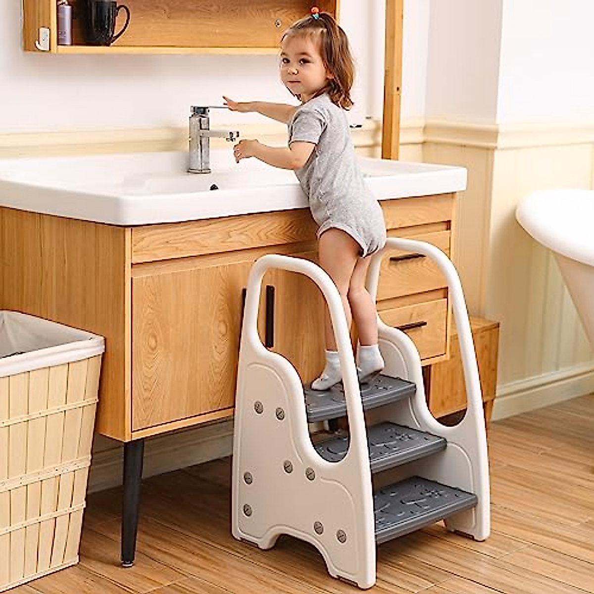 3 Step Stool for Toddler,Kids Three Step Stool for Bathroom Sink or Kitchen Counter Standing Tower, Children Step Up Learning Helper with Safety Handles and Non-Slip Pads,Grey