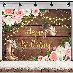 SVBright Cowgirl Birthday Backdrop 8Wx6H Western Rustic Country Wooden Plank Pink Flower Floral Happy Birthday Baby Shower Hat Plant Decorations Photography Background Banner Photo Booth Studio