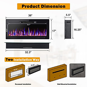 BETELNUT 40" Electric Fireplace Wall Mounted and Recessed w/144 Combination Colors & 5 Brightness,750/1500W Fireplace Heater w/Timer,Low Noise,Remote Control & Touch Screen,Log Set & Crystal Option
