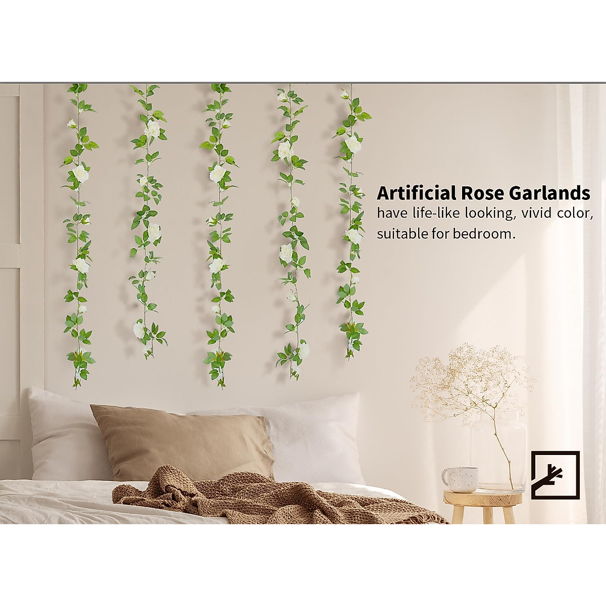 ZIFTY 5Pcs 32.5FT White Flower Garland Fake Vines Faux Artificial Floral Garland for Wedding Decortions Hanging Rose Ivy for Arch Garden Ceremony Background Outdoor Wall Decor