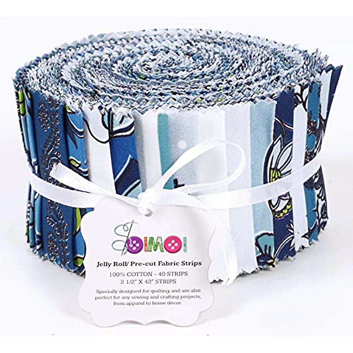 Soimoi 40Pcs Block Print Cotton Precut Fabrics for Quilting Craft Strips 2.5x42inches Jelly Roll - Blue