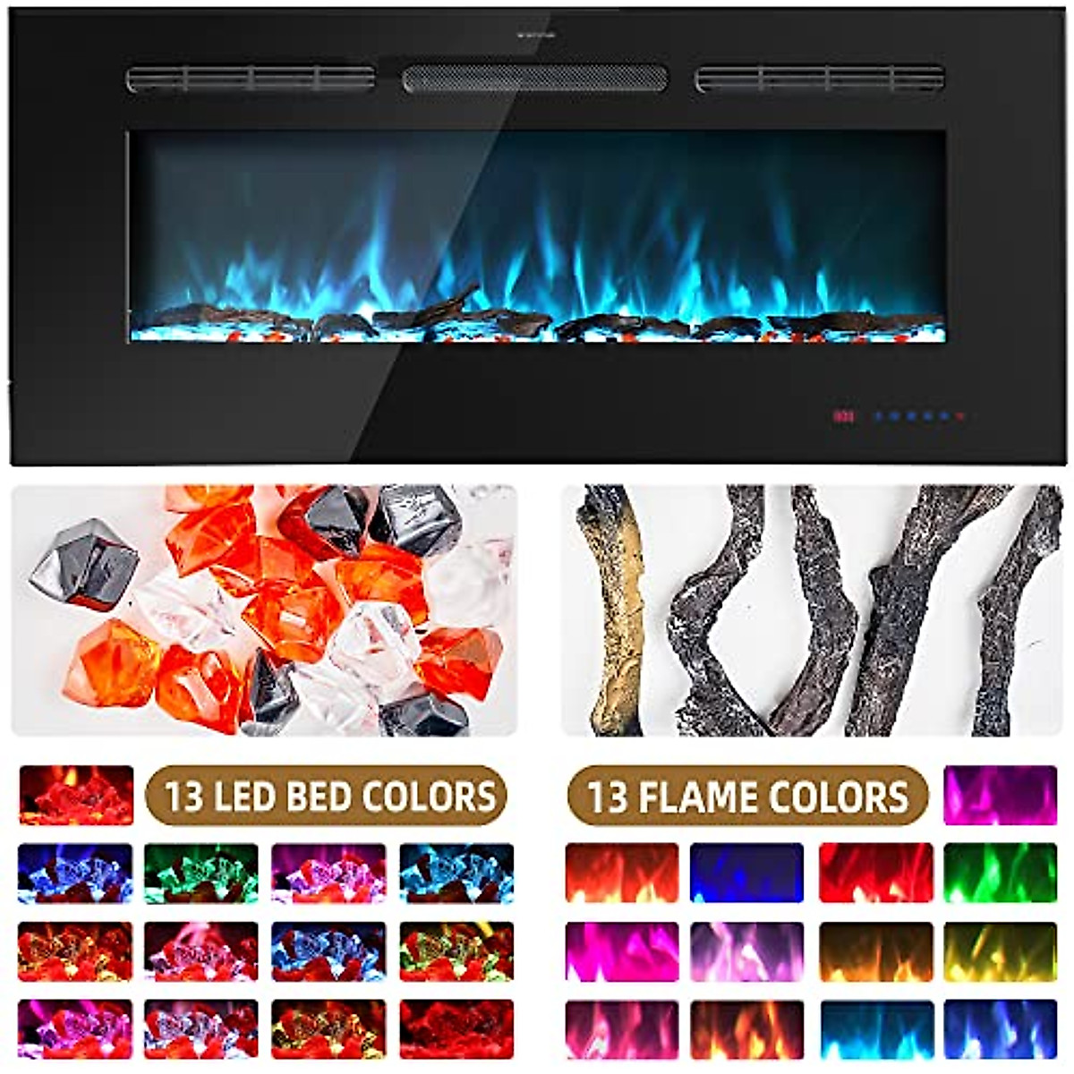 Kentsky 30 inches Electric Fireplace Inserts, Recessed and Wall Mounted Fireplace Heater, Linear Fireplace w/Thermostat, Remote & Touch Screen, Multicolor Flame, Timer, Logs & Crystal, 750W/1500W